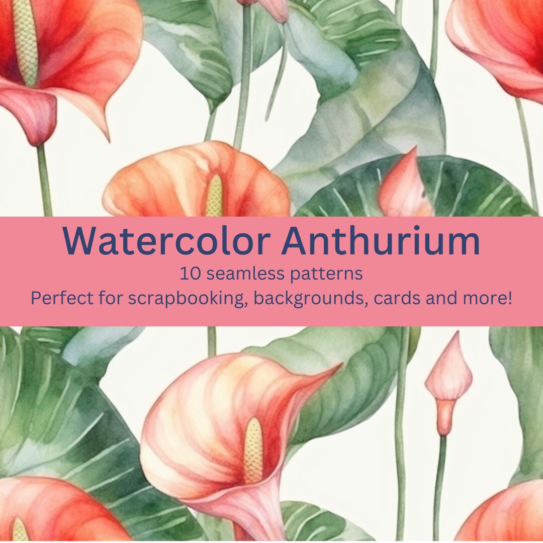 10 Digital Seamless Watercolor Anthurium Patterns: Tropical Flower ...
