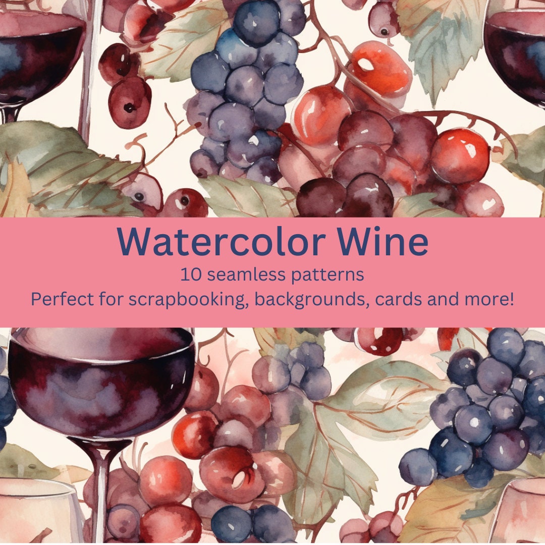 10 Seamless Watercolor Wine Patterns: Digital Designs Perfect for Wine ...