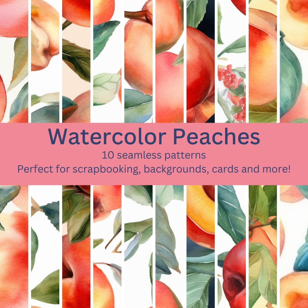 10 Digital Seamless Watercolor Peaches Patterns: Tasty Juicy Fruit ...