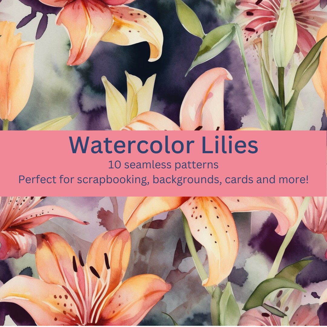 10 Digital Seamless Dark Watercolor Lily Patterns: Elegant Floral ...