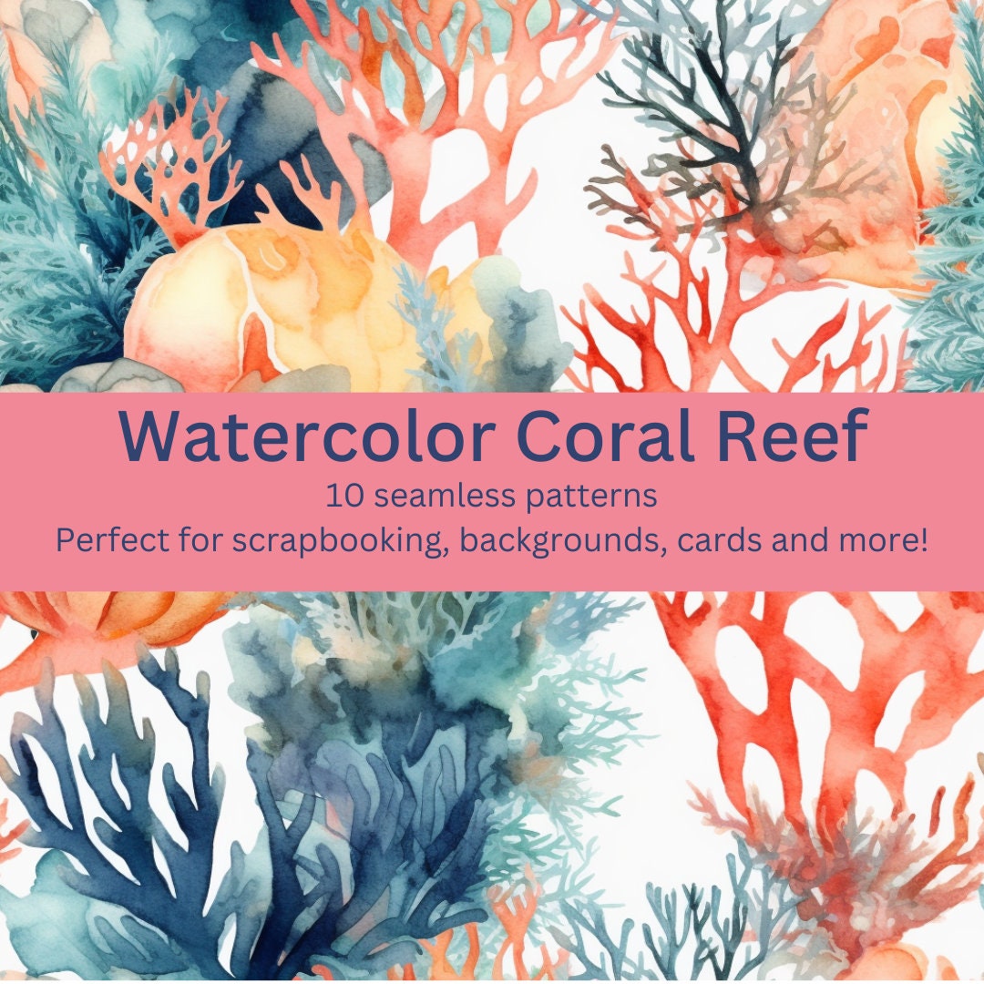 10 More Digital Seamless Watercolor Coral Reef Patterns: Oceanic Beauty ...