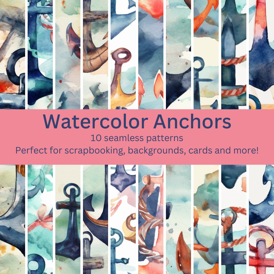 10 Nautical Anchor Watercolor Patterns - Digital Seamless Designs ...