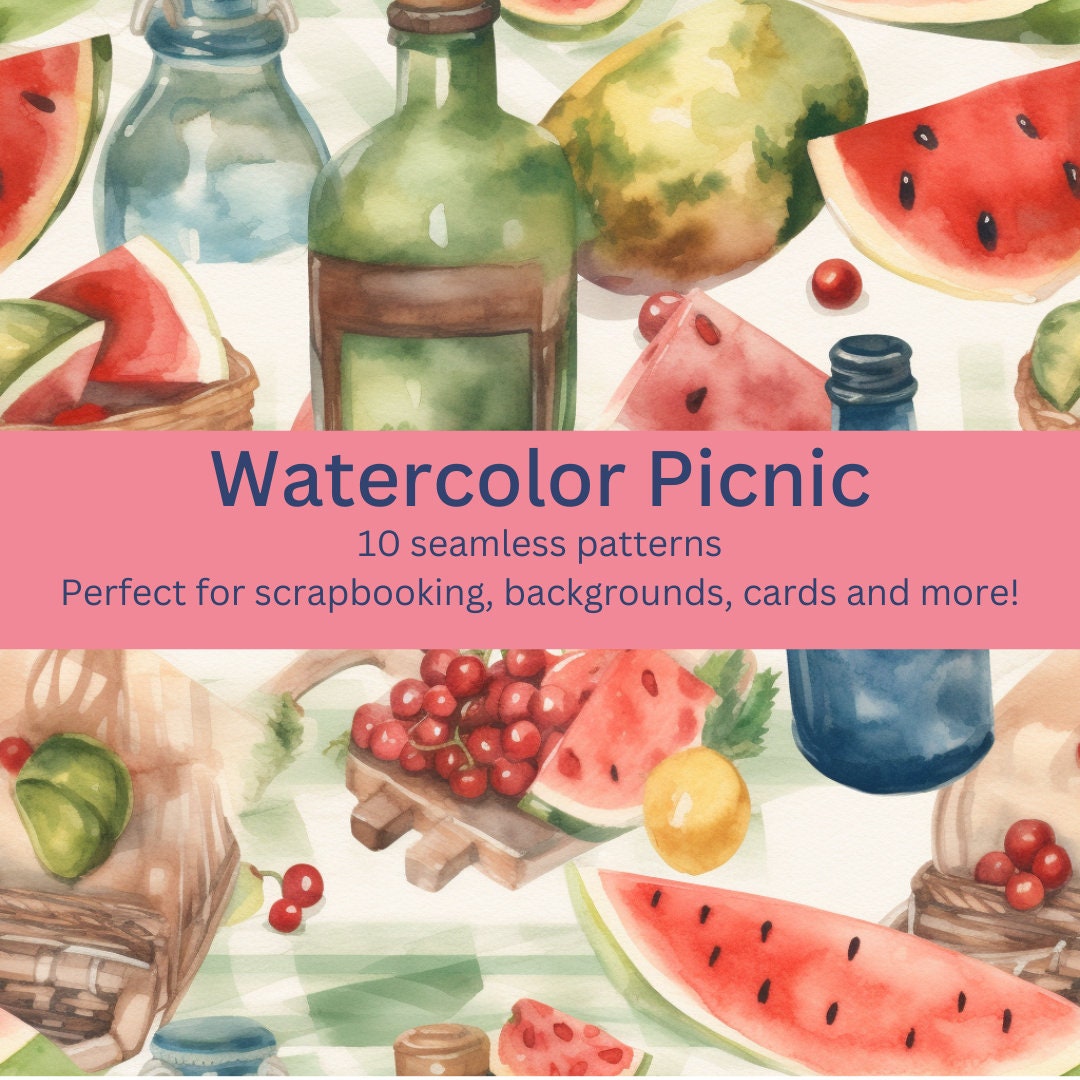 10 Vibrant Picnic Watercolor Patterns - Digital Seamless Designs for ...
