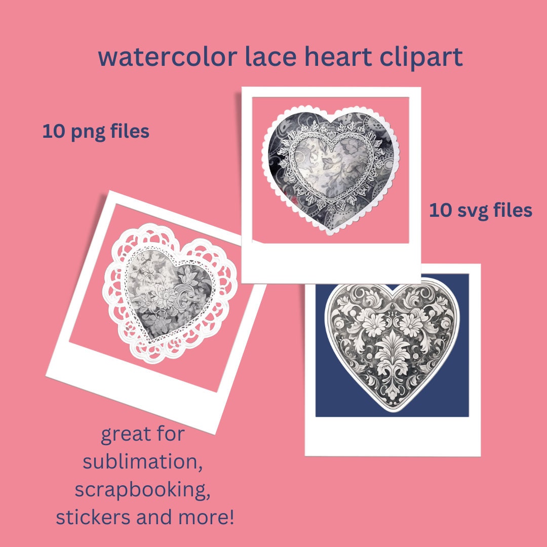 Watercolor White Lace Heart Clipart Bundle 10 PNG & SVG Files for ...