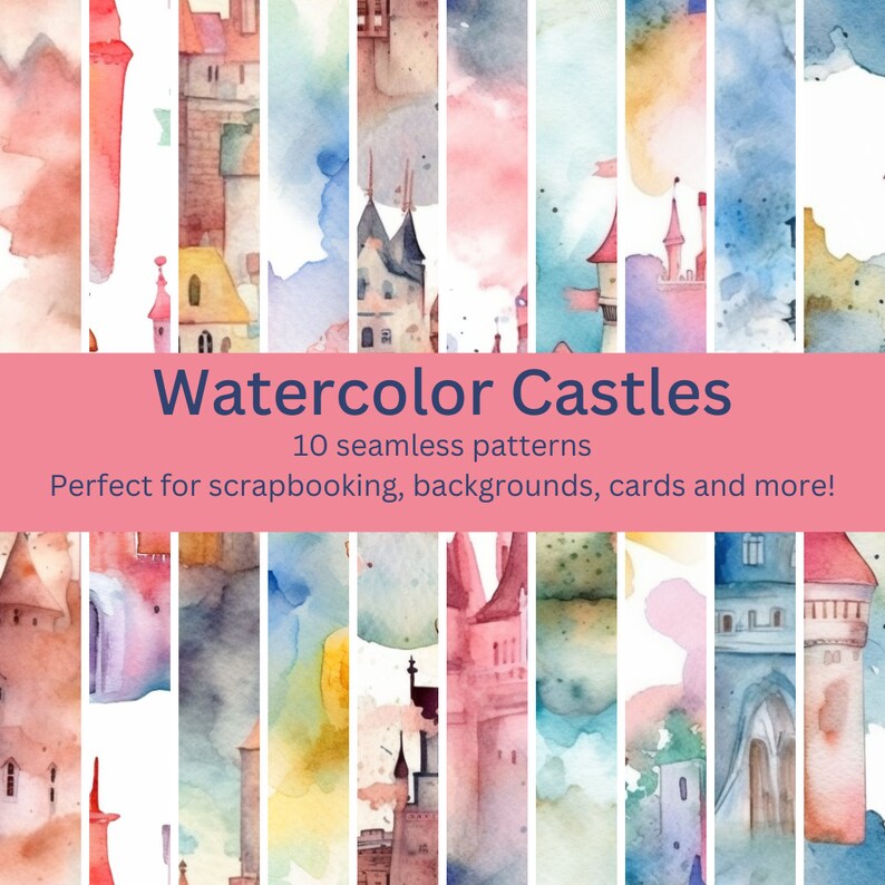10 Digital Seamless Watercolor Castle Patterns: Enchanting Fortress ...