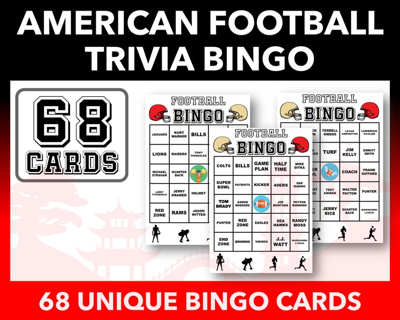 American Football Trivia Bingo 68 Unique Cards Print & Digital Use PDF ...