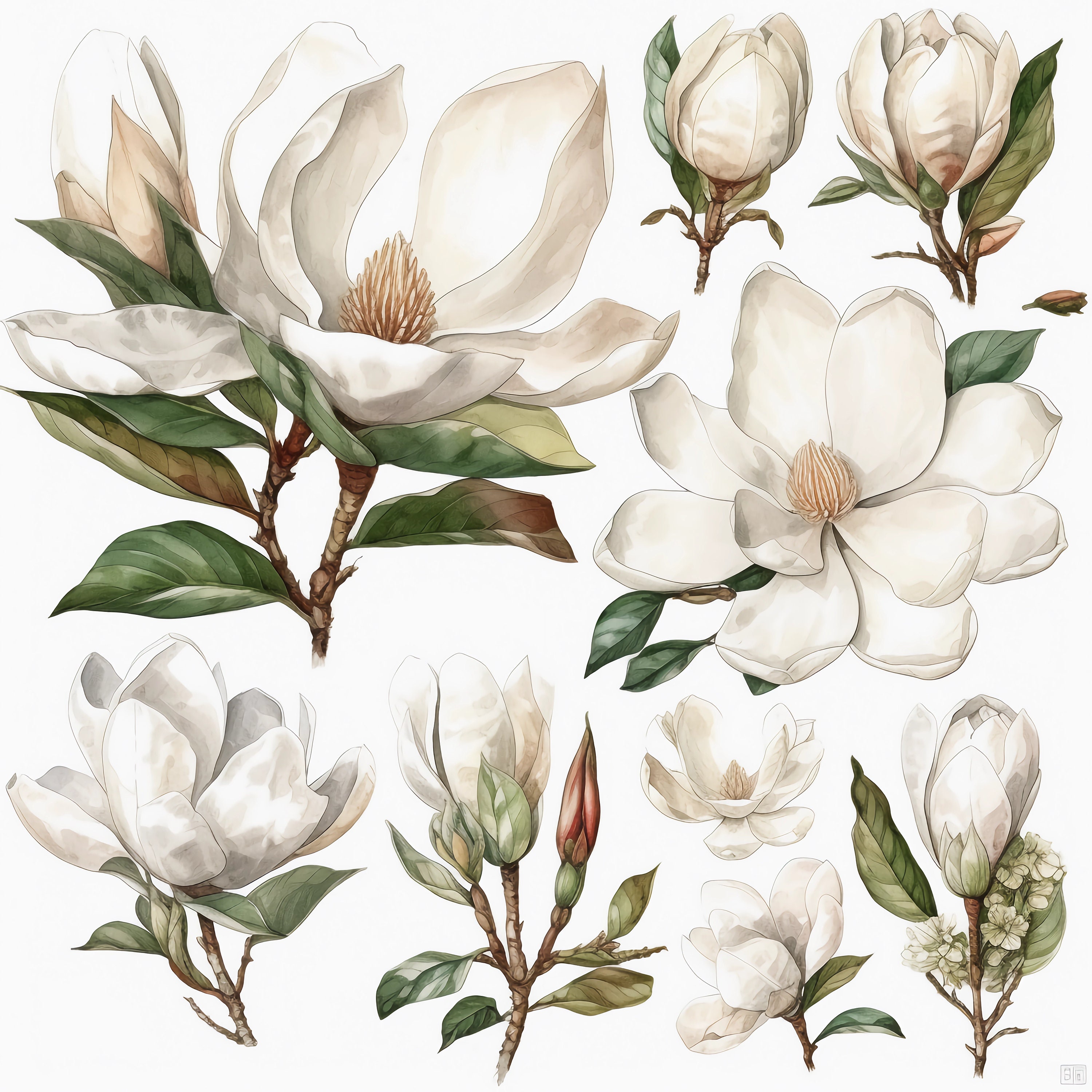Watercolor Magnolia Clipart - Floral Graphics in PNG Format Instant ...