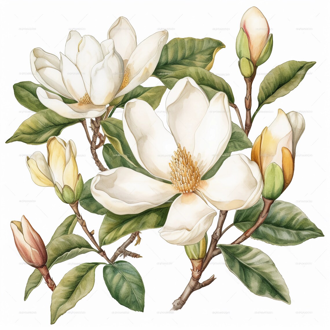 Watercolor Magnolia Clipart - Floral Graphics in PNG Format Instant ...