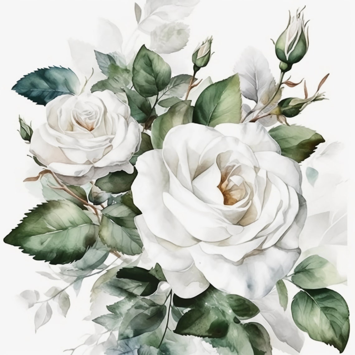 Watercolor White Rose Flowers Clipart in PNG Format Instant Download ...