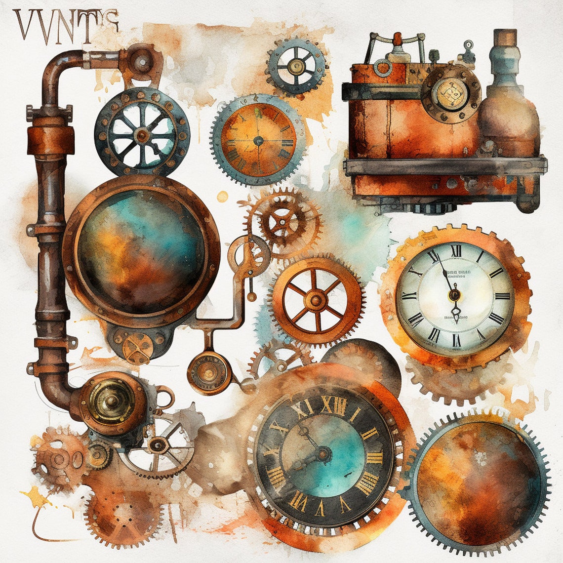 Steampunk Clipart Digital Images Vivid Steampunk Watercolor - Etsy