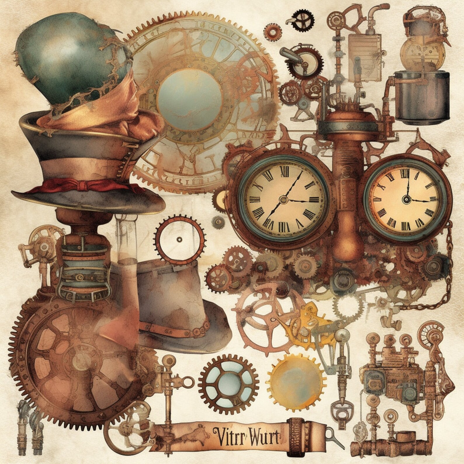 Steampunk Clipart Digital Images Vivid Steampunk Watercolor - Etsy