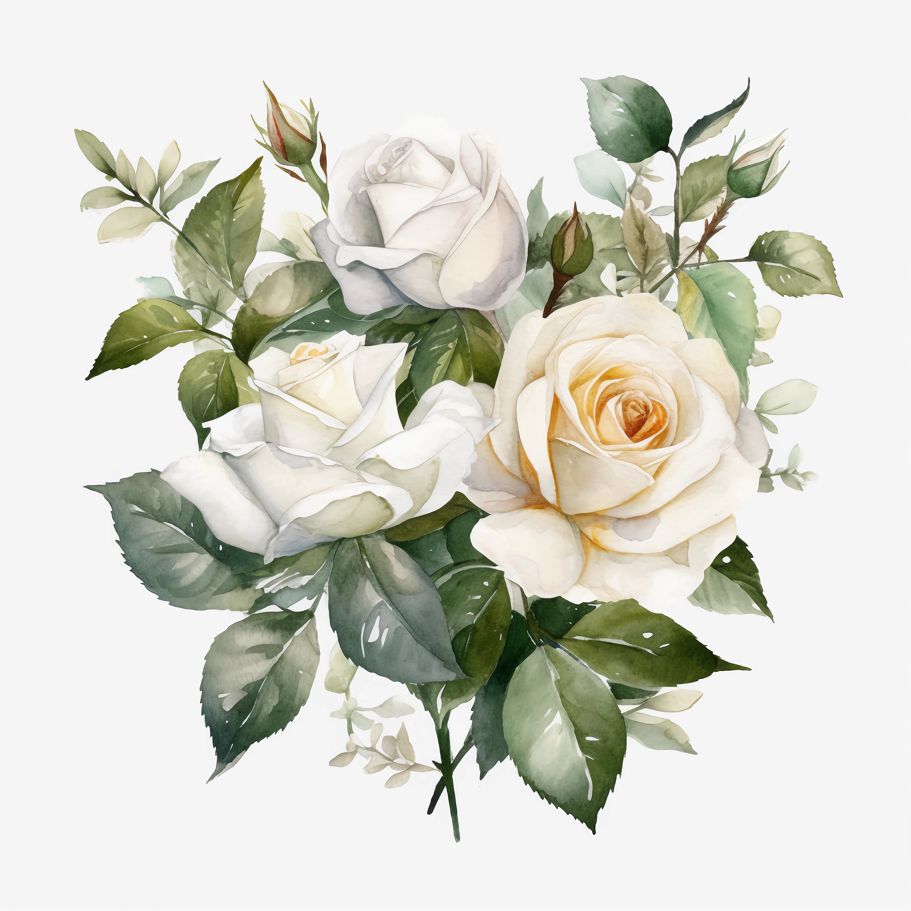 Watercolor White Rose Flowers Clipart in PNG Format Instant Download ...