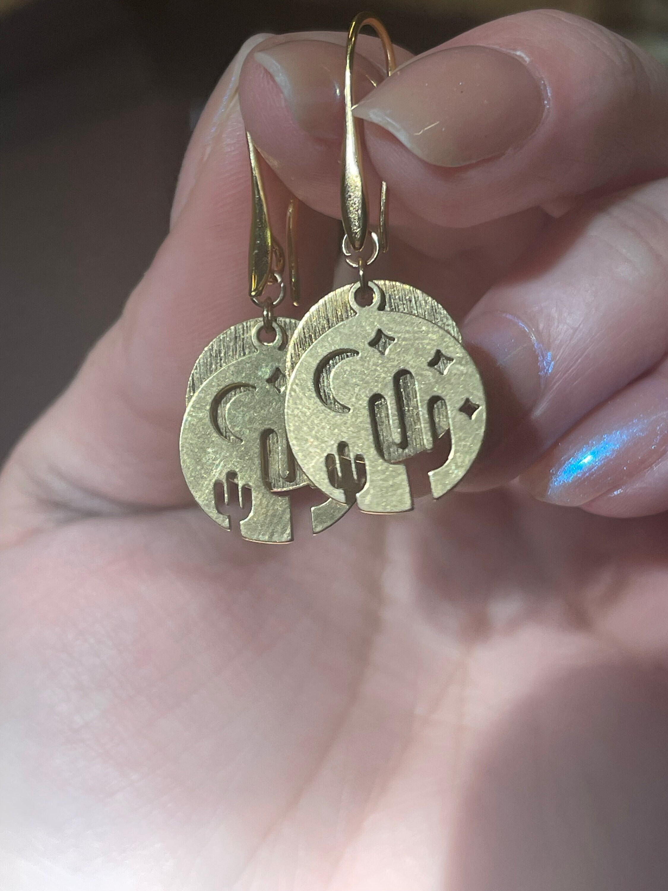 Saguaro Cactus at Night, Handmade Dangle Earrings, Raw Brass Laser Cut ...