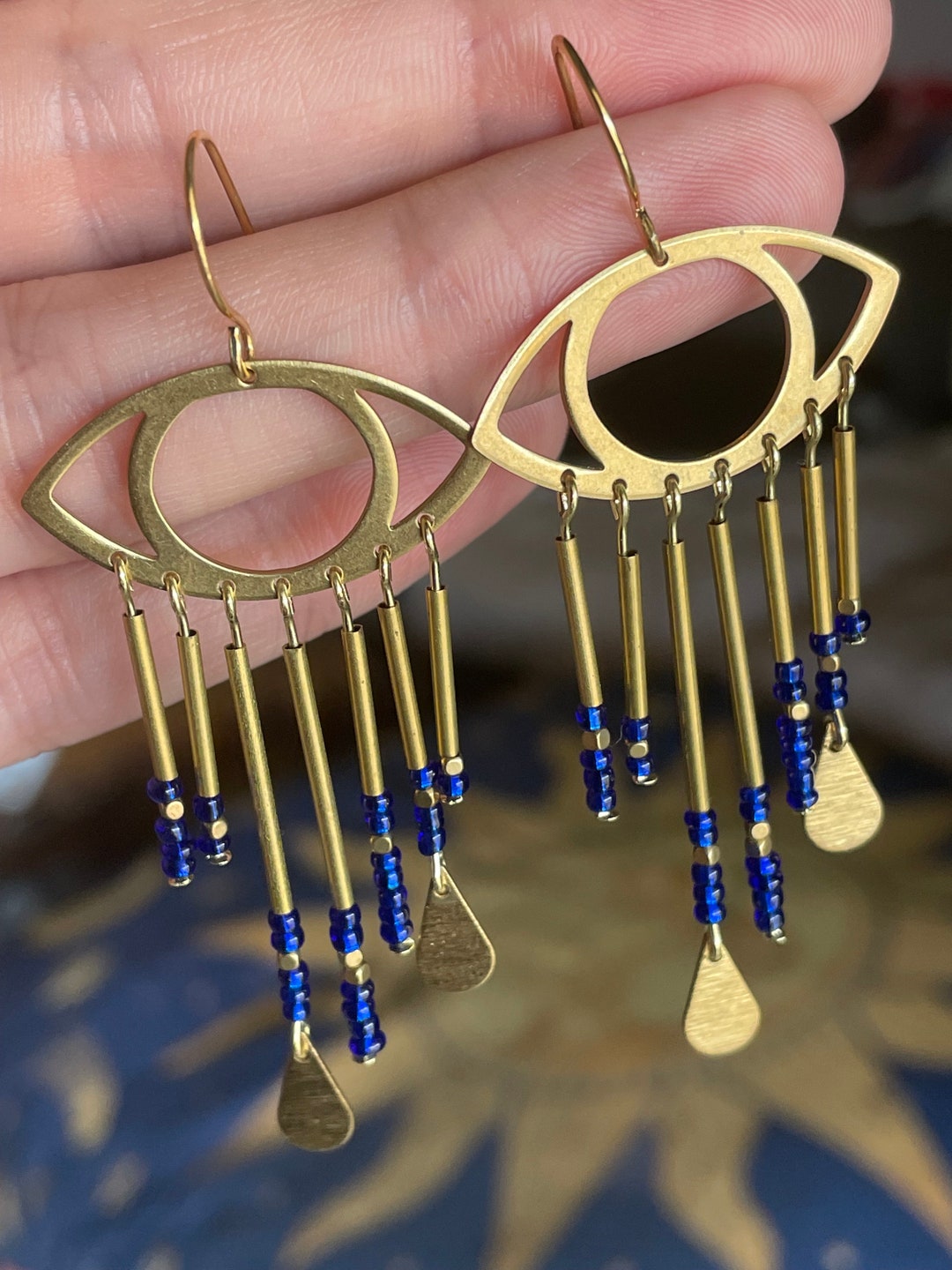 Evil Eye Crying Eye, Handmade Dangle Earrings, Deep Blue Glass Beads ...