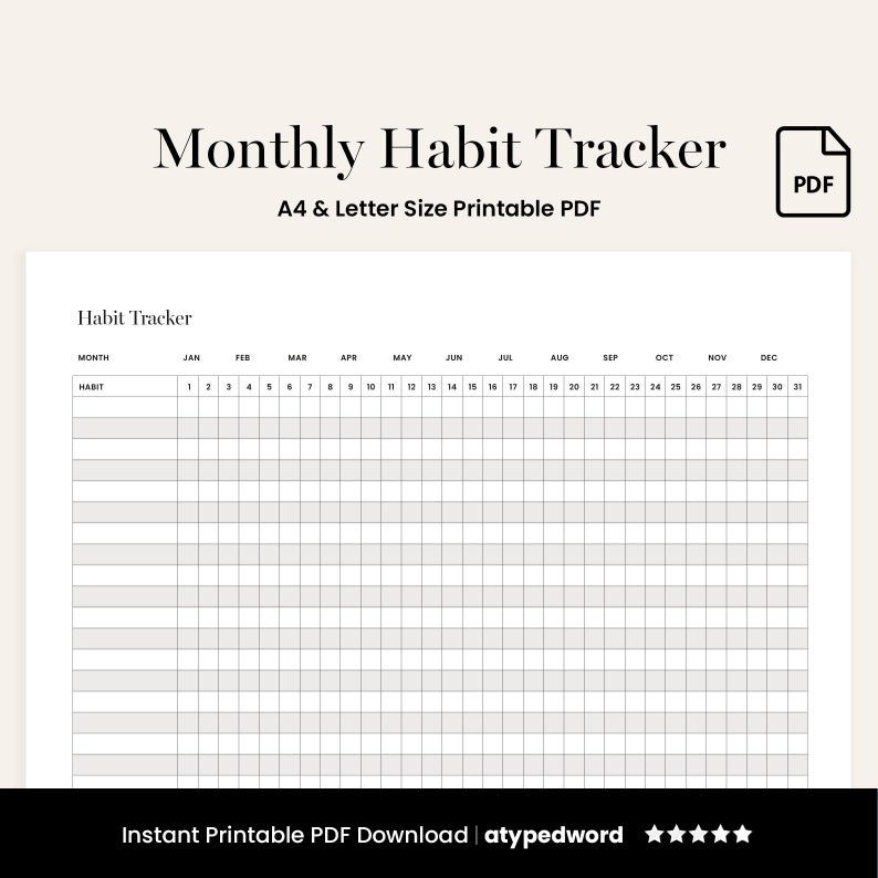 Monthly Habit Tracker Printable: A4/letter Landscape (PDF Download ...