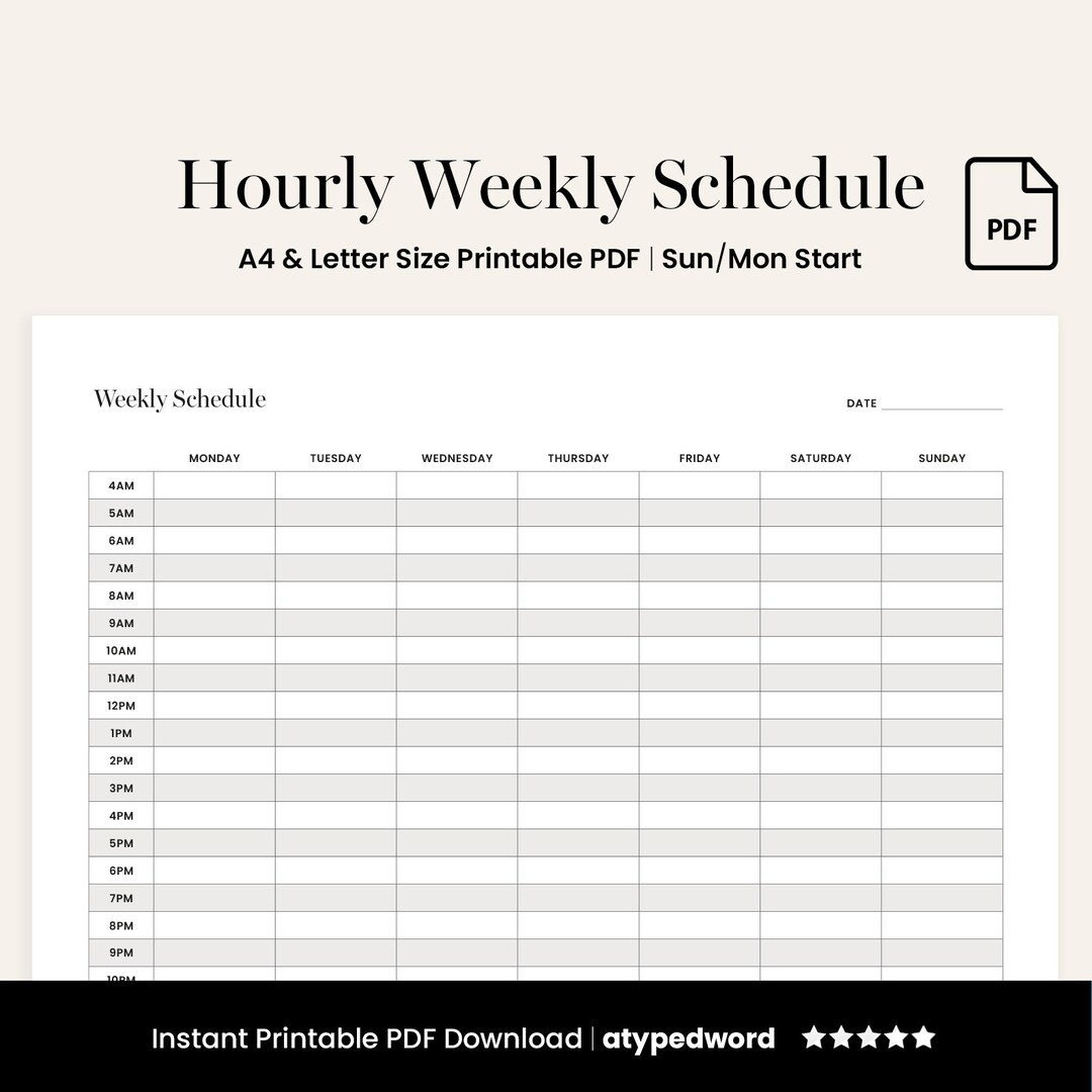 Hourly Weekly Schedule Planner: A4/letter Printable (PDF Download) - Etsy