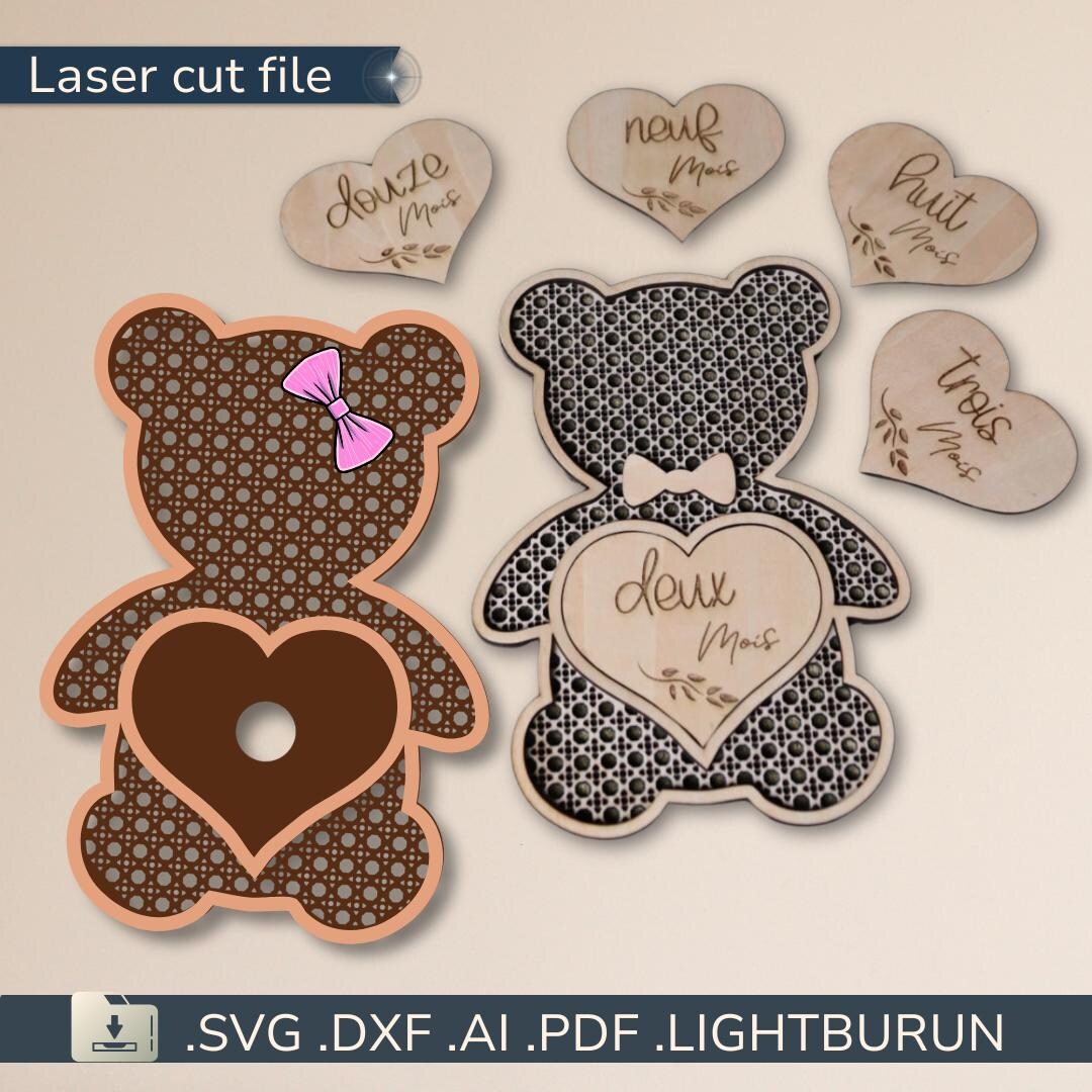 Rattan Bear + Birth Month Hearts Baby Milestone Cards, Laser Cut File ...
