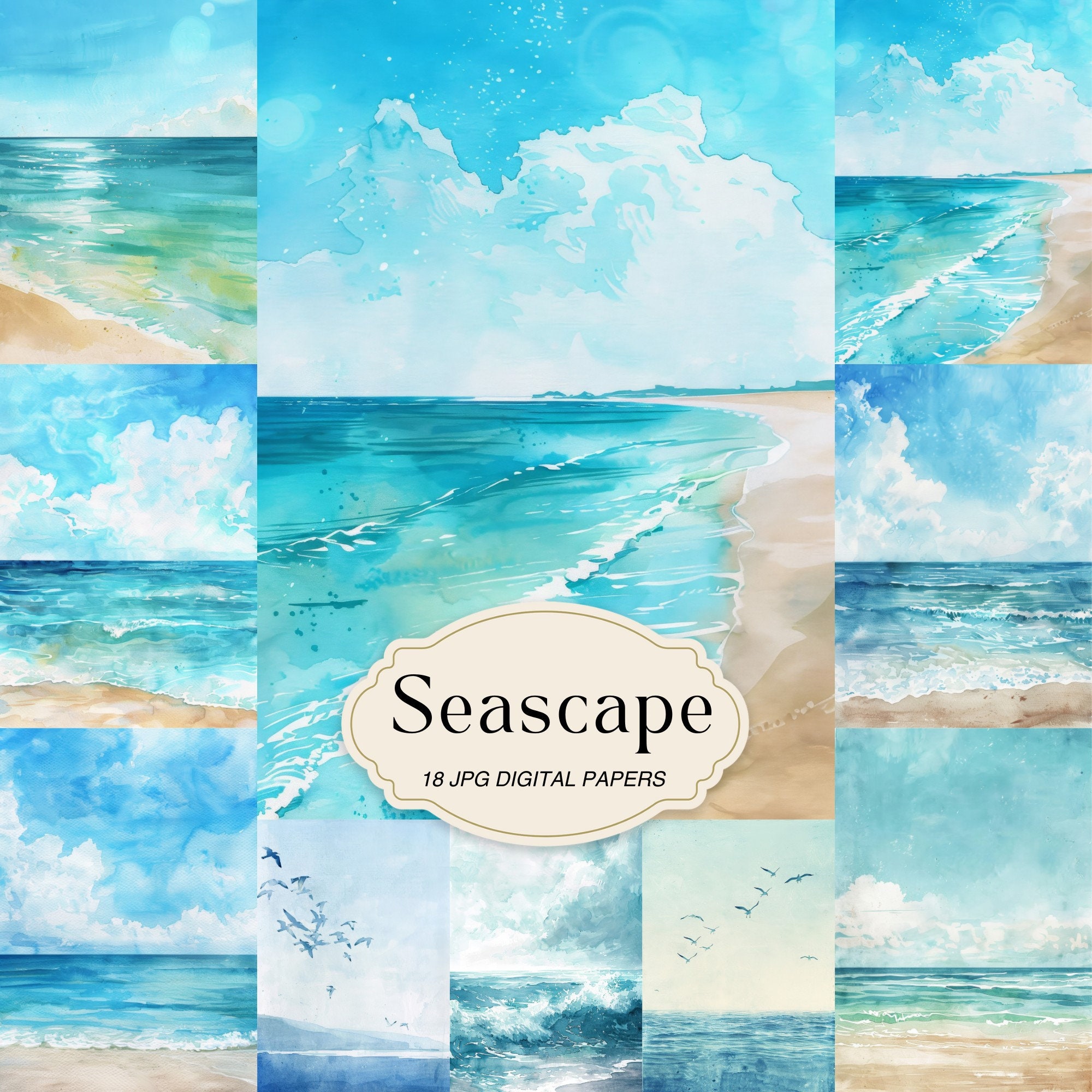 Seascape Junk Journal Pages, Watercolor Beach Background, Sea Collage ...