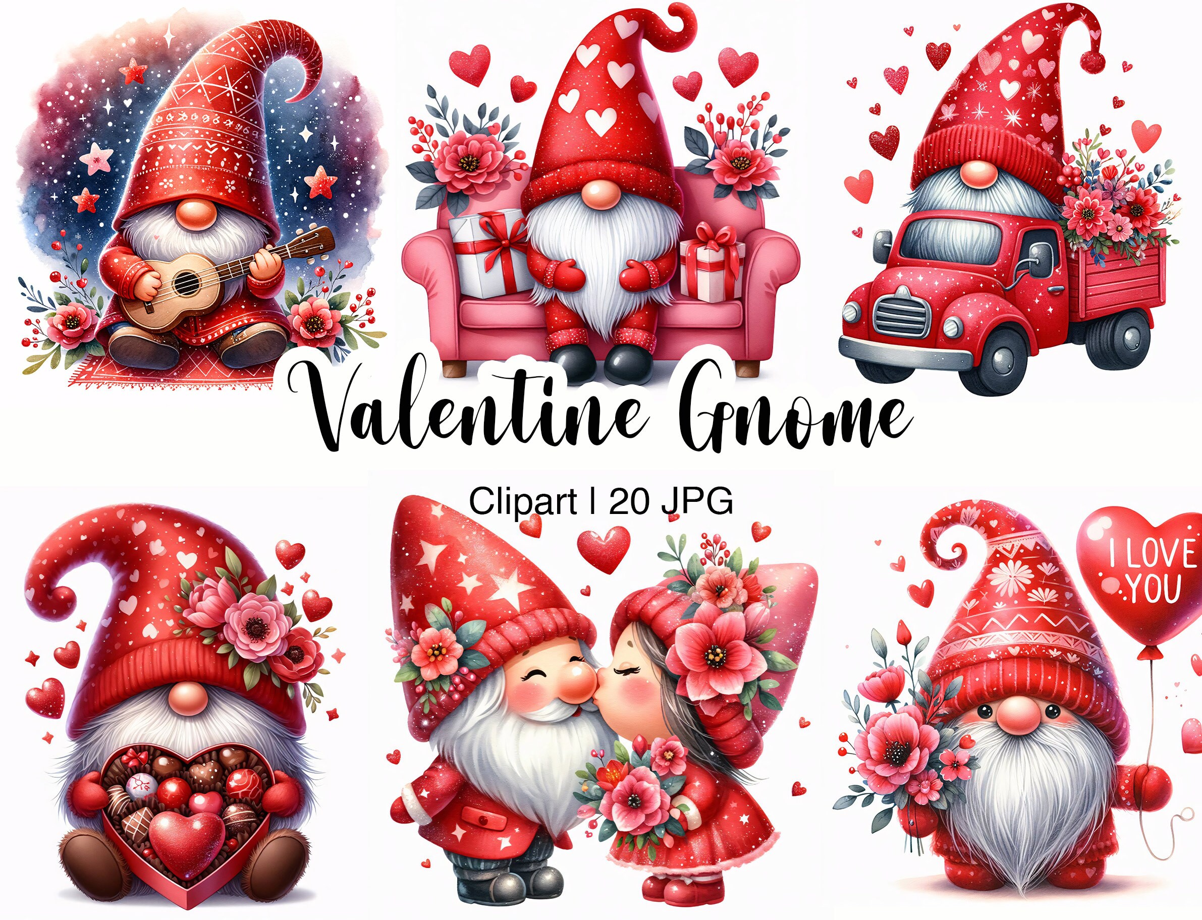Valentines Gnome Watercolor Clipart, 20 High Quality JPG, Valentines ...