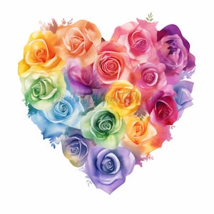 Rainbow Roses Heart Clipart, 15 JPG Watercolor Colorful Flowers, Card ...