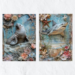 Sea Animals Digital Paper, Ocean Junk Journal Pages, Beach Background ...