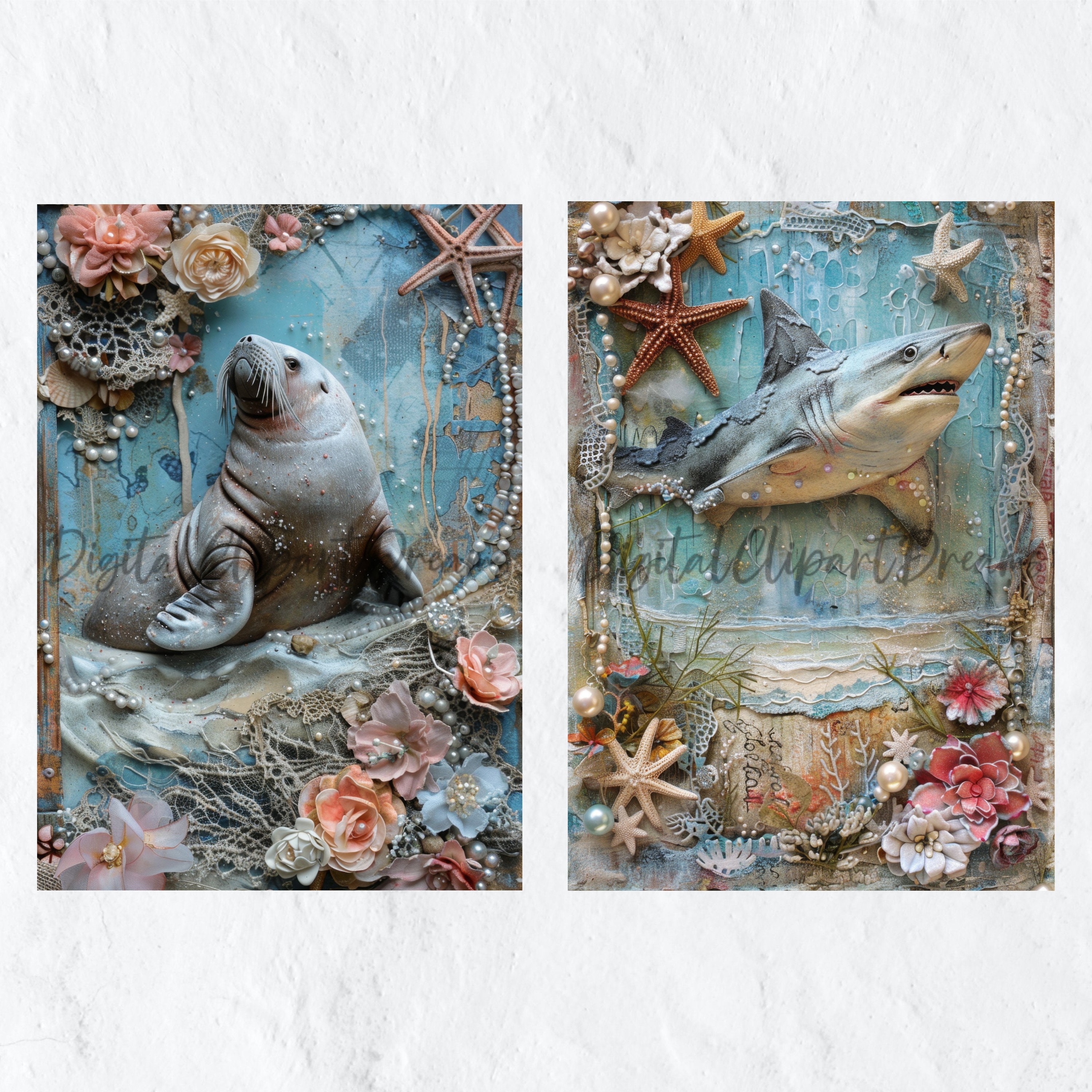 Sea Animals Digital Paper, Ocean Junk Journal Pages, Beach Background ...