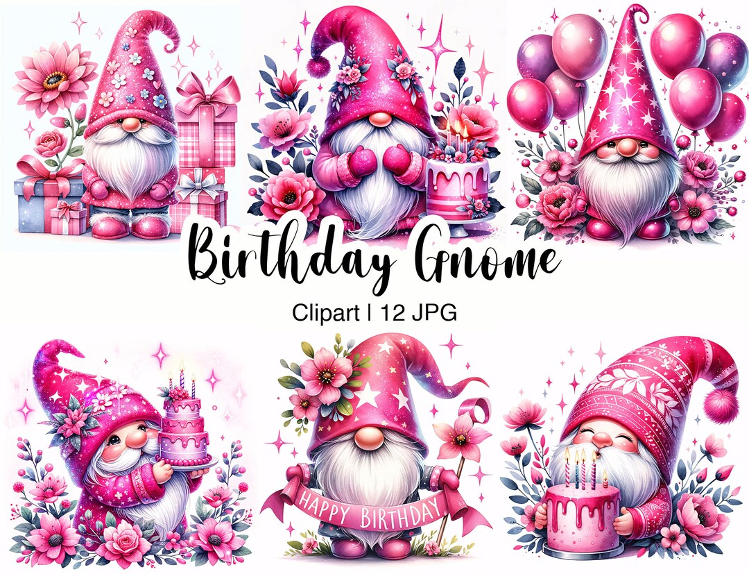 Birthday Gnome Watercolor Clipart, 12 High Quality JPG Pink Birthday ...