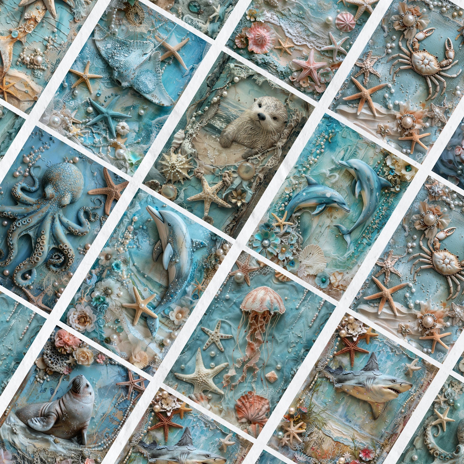 Sea Animals Digital Paper, Ocean Junk Journal Pages, Beach Background ...