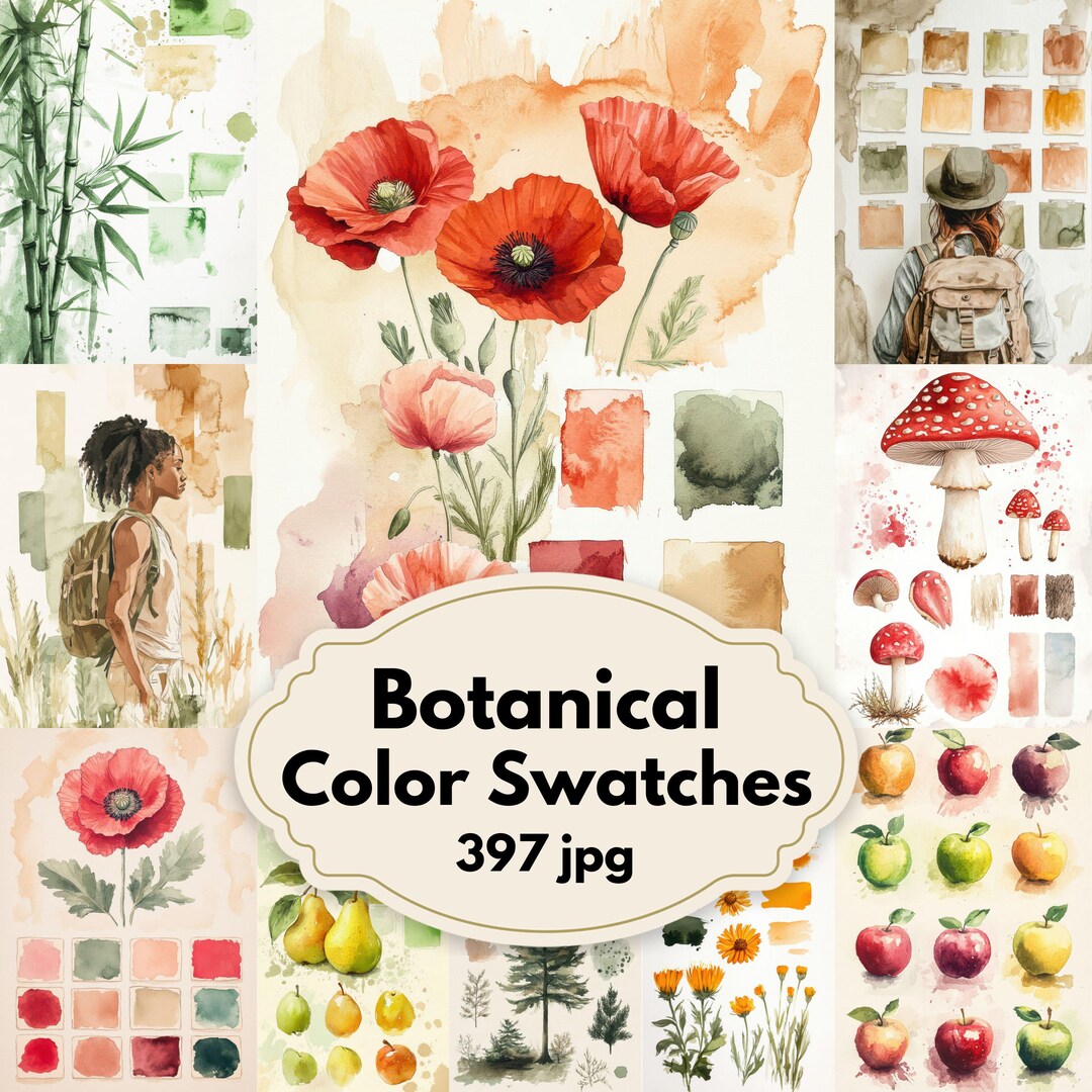 Botanical Swatchbook Junk Journal Pages, Watercolor Color Swatches ...