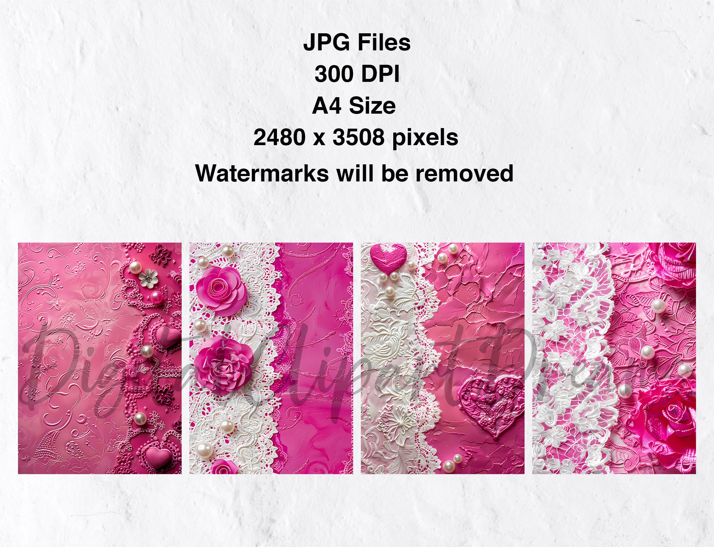 Vintage Hot Pink Lace and Pearls Paper, Shabby Chic Printable (digital ...