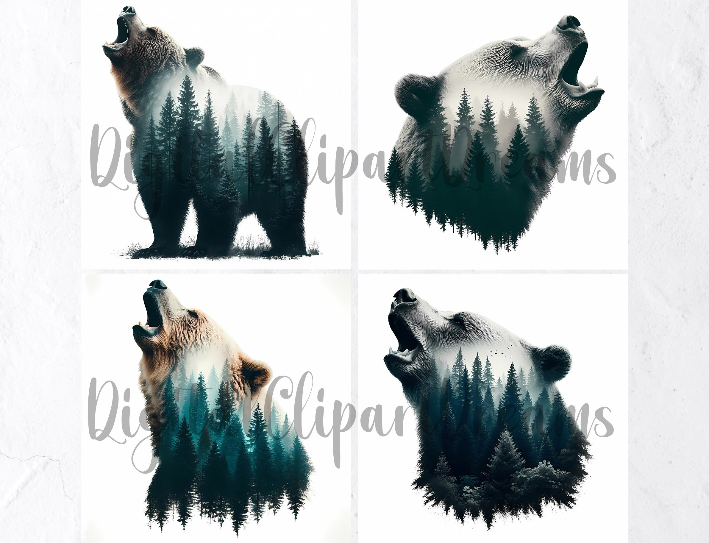 Howling Bear Clipart, Double Exposure Bear, 18 High Quality JPG ...