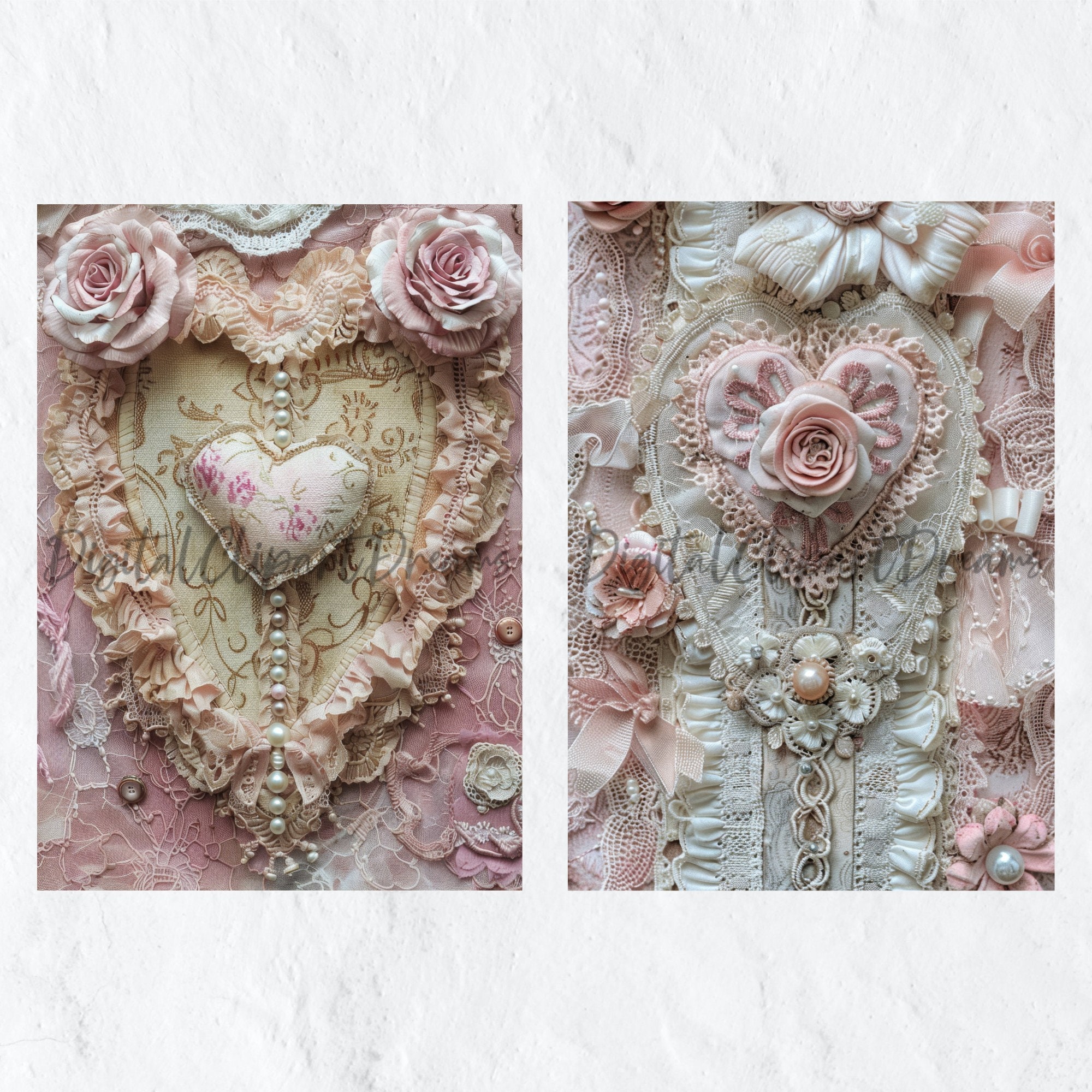 Shabby Chic Heart Junk Journal Pages: Vintage Lace & Pearls (digital ...
