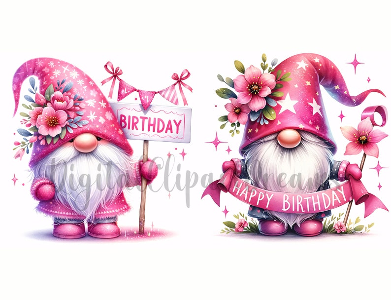 Birthday Gnome Watercolor Clipart, 12 High Quality JPG Pink Birthday ...