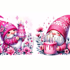 Birthday Gnome Watercolor Clipart, 12 High Quality JPG Pink Birthday ...