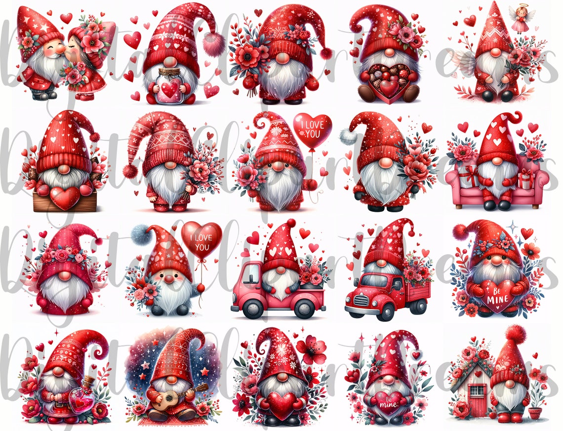Valentines Gnome Watercolor Clipart, 20 High Quality JPG, Valentines ...