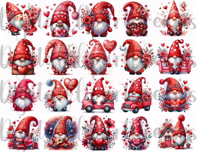 Valentines Gnome Watercolor Clipart, 20 High Quality JPG, Valentines ...