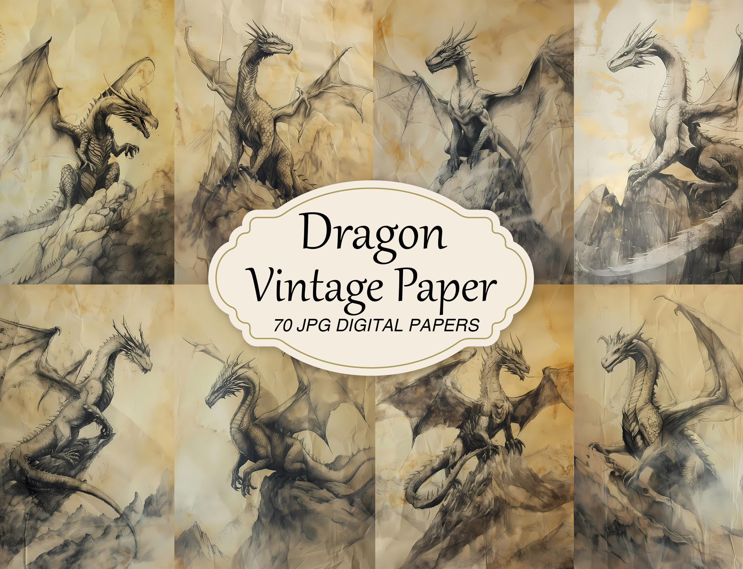 Dragon Vintage Paper, Junk Journal Paper Pack, Antique Paper Background ...