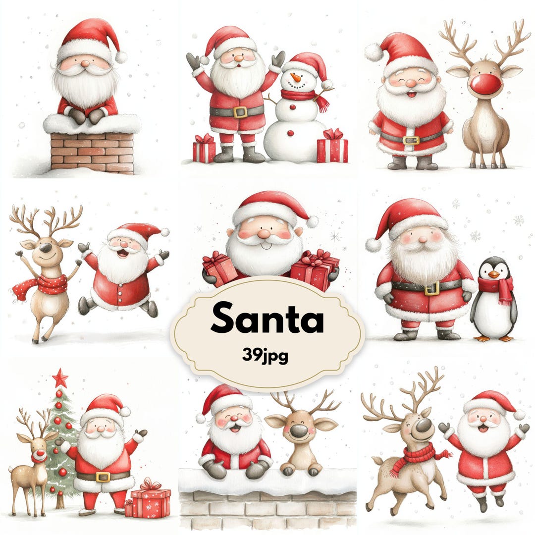 Watercolor Santa and Reindeer Clipart: 39 Christmas Holiday Graphics ...