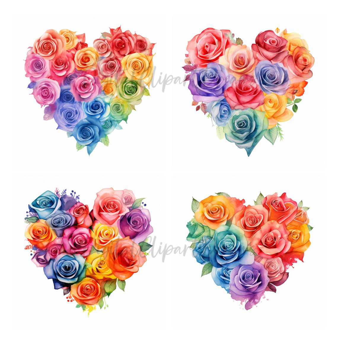 Rainbow Roses Heart Clipart, 15 JPG Watercolor Colorful Flowers, Card ...