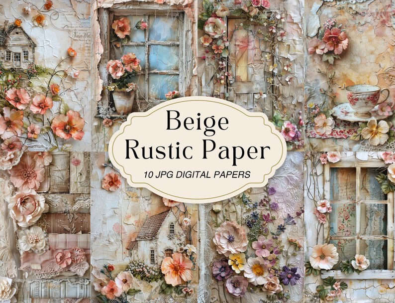 Beige Rustic Junk Journal Pages: Vintage Floral Scrapbook Paper ...