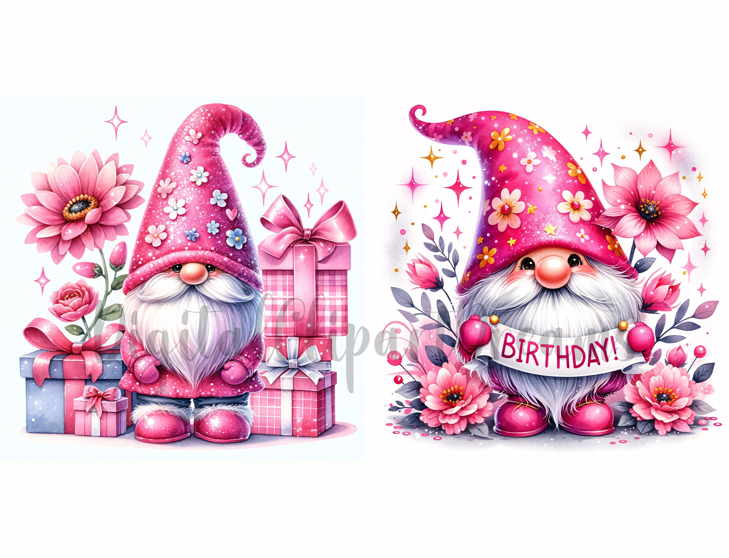 Birthday Gnome Watercolor Clipart, 12 High Quality JPG Pink Birthday ...