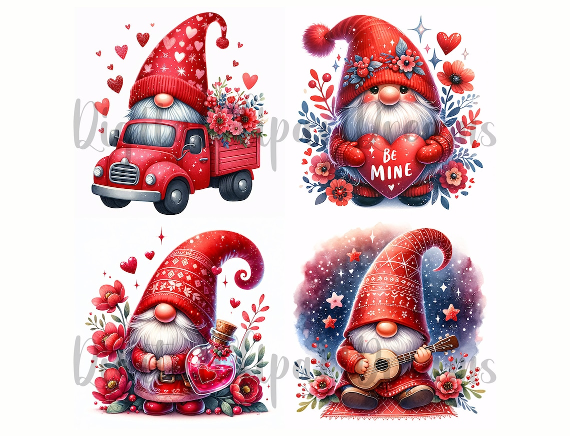 Valentines Gnome Watercolor Clipart, 20 High Quality JPG, Valentines ...