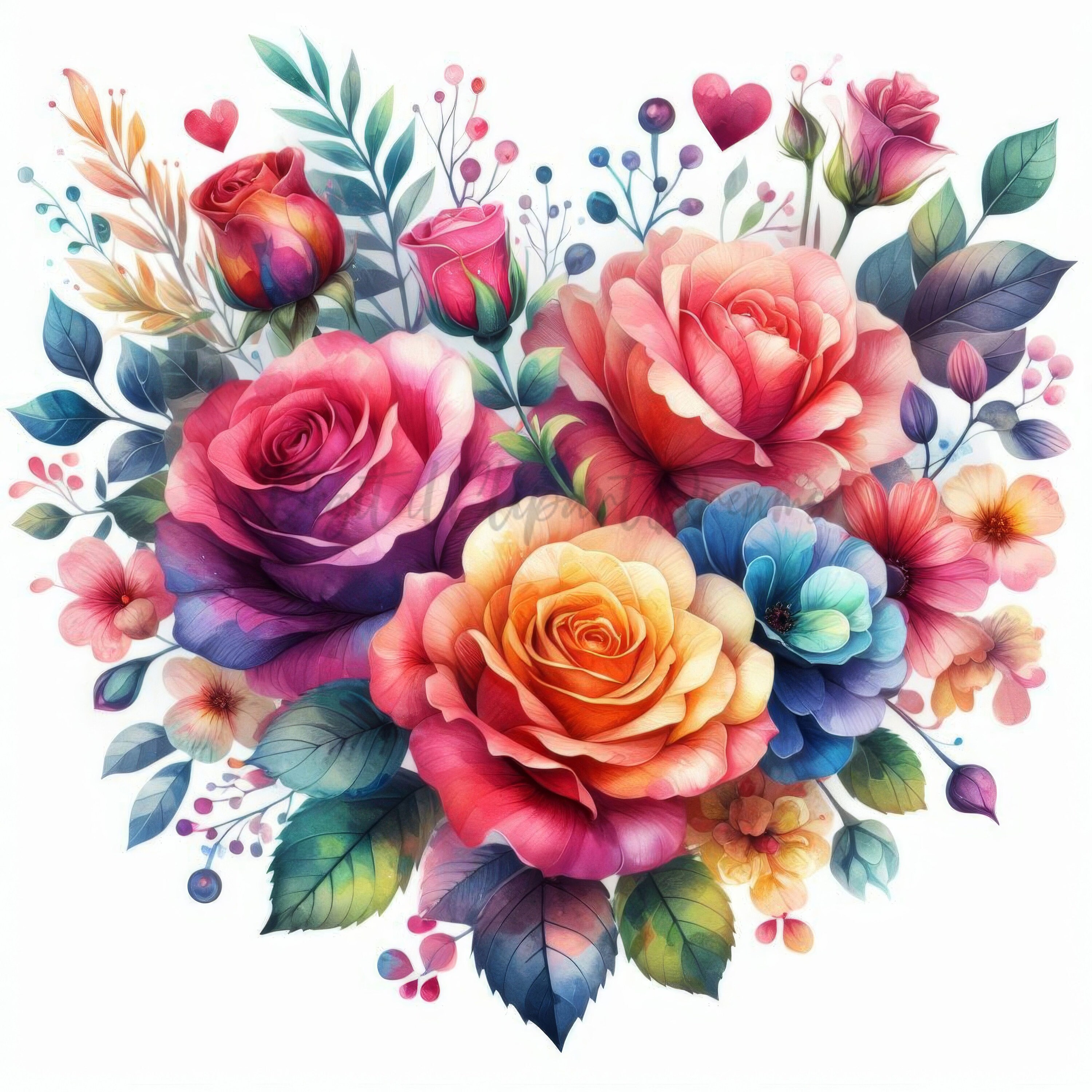 Floral Heart Clipart, 15 JPG Colorful Roses, Printable Clip Art, Paper ...