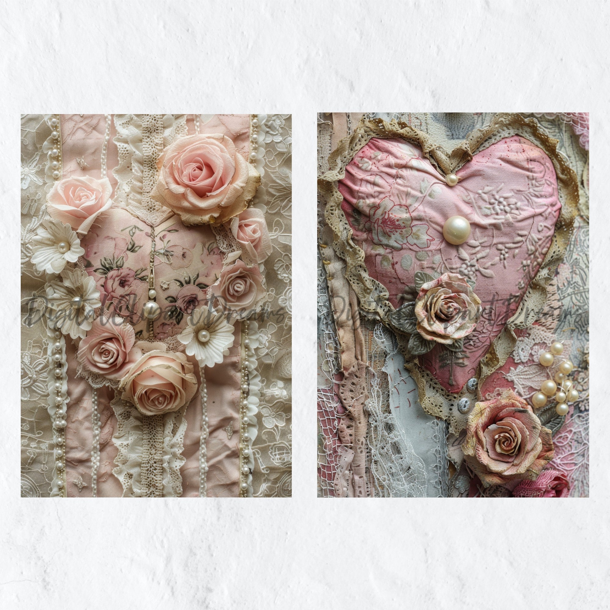 Shabby Chic Heart Junk Journal Pages: Vintage Lace & Pearls (digital ...