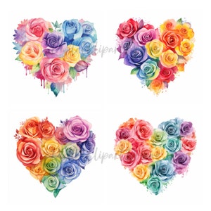 Rainbow Roses Heart Clipart, 15 JPG Watercolor Colorful Flowers, Card ...