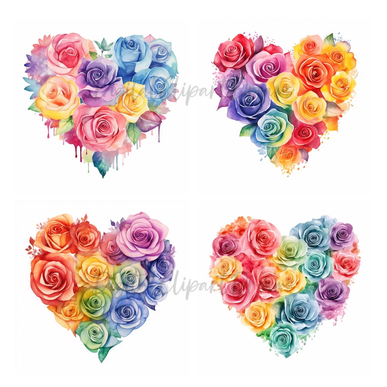 Rainbow Roses Heart Clipart, 15 JPG Watercolor Colorful Flowers, Card ...