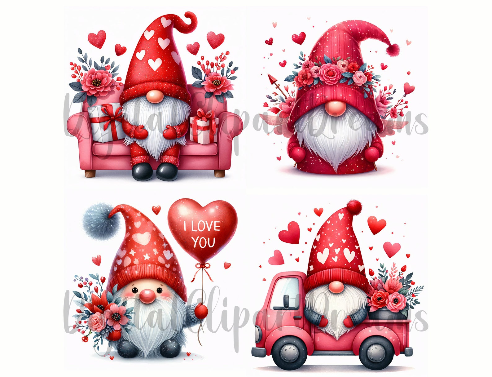 Valentines Gnome Watercolor Clipart, 20 High Quality JPG, Valentines ...