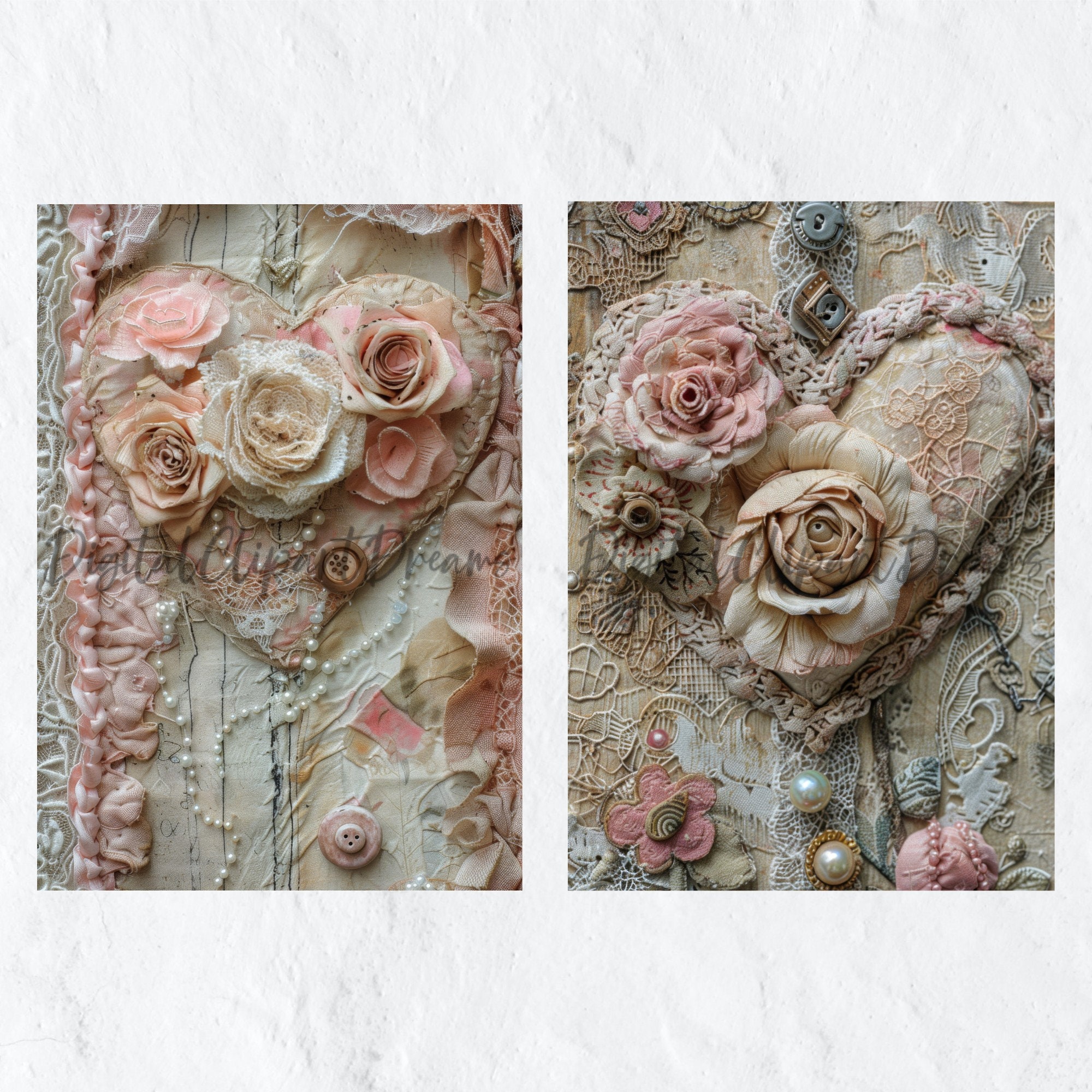 Shabby Chic Heart Junk Journal Pages: Vintage Lace & Pearls (digital ...