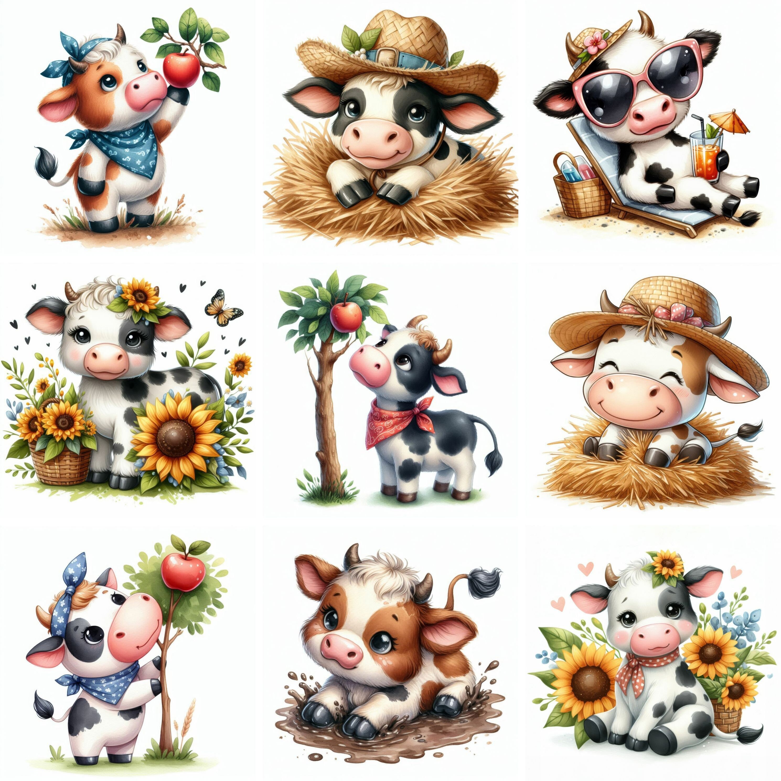 Cute Baby Cow Clipart, 18 JPG Watercolor Farm Animal Clip Art, Funny ...