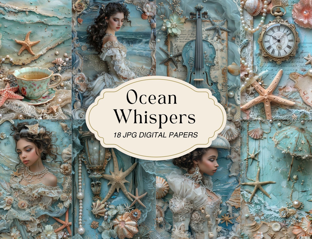 Ocean Whispers Junk Journal Paper, Vintage Girls, Sea Digital Scrapbook Paper, Beach Printables ...